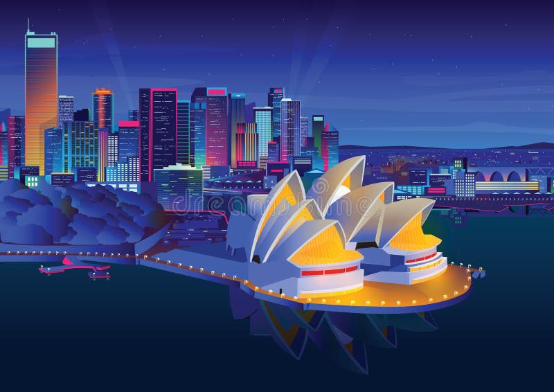 Vector Illustration of the Sydney Opera House at Night Editorial ...
