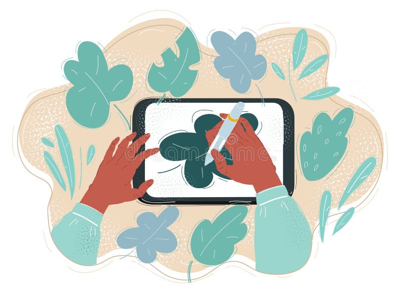 Vector Illustration of Tablet PC, Hands Make Drawing with Stulys. Stock ...