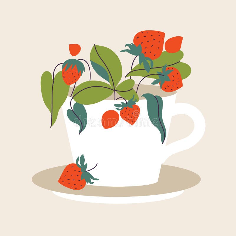 Vector Illustration Tea Cup Full of Berries and Leaves. Strawberry Tea ...