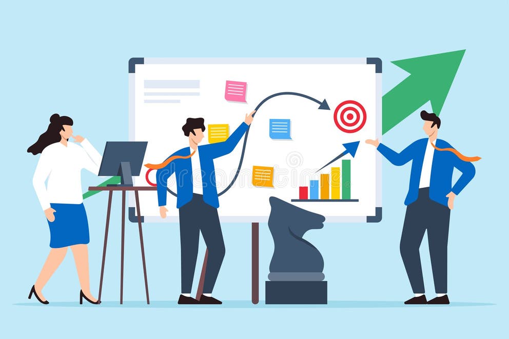 Vector Illustration of Team Developing Sales Strategy with Sticky Notes ...