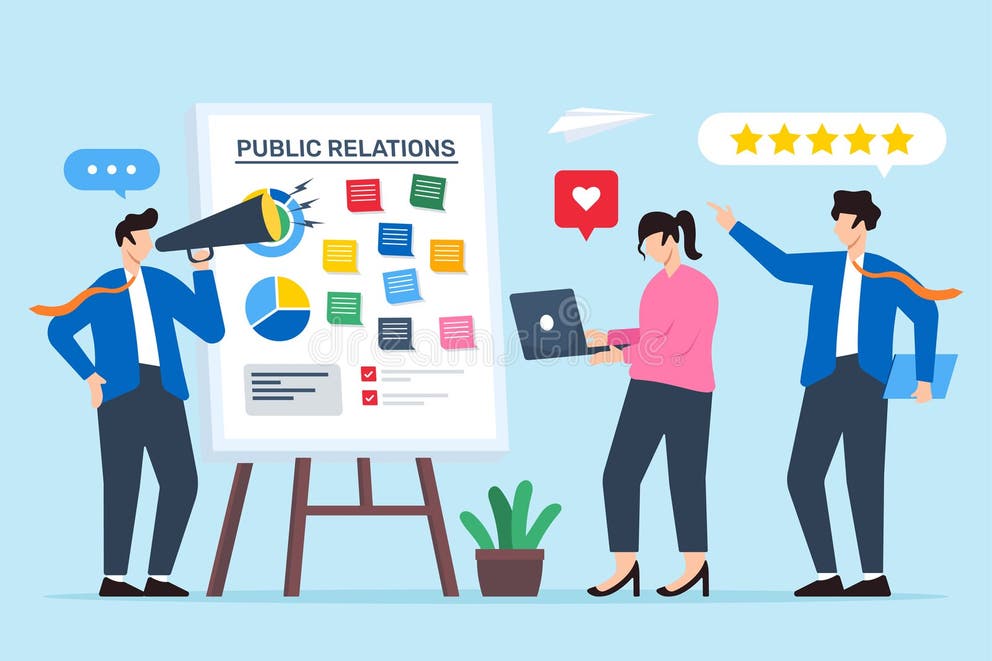 Vector Illustration of Team Organizing Public Relations Strategy with ...
