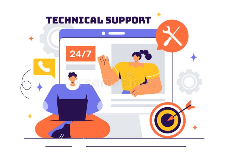 Vector Illustration of a Technical Support System Featuring Software ...