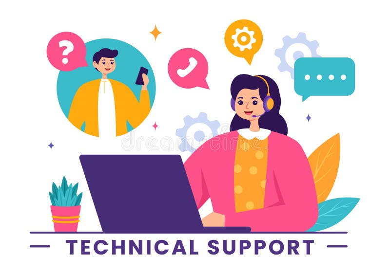 Vector Illustration of a Technical Support System Featuring Software ...