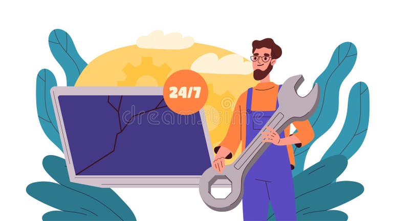 Vector Illustration with Technician with Large Wrench and Broken ...