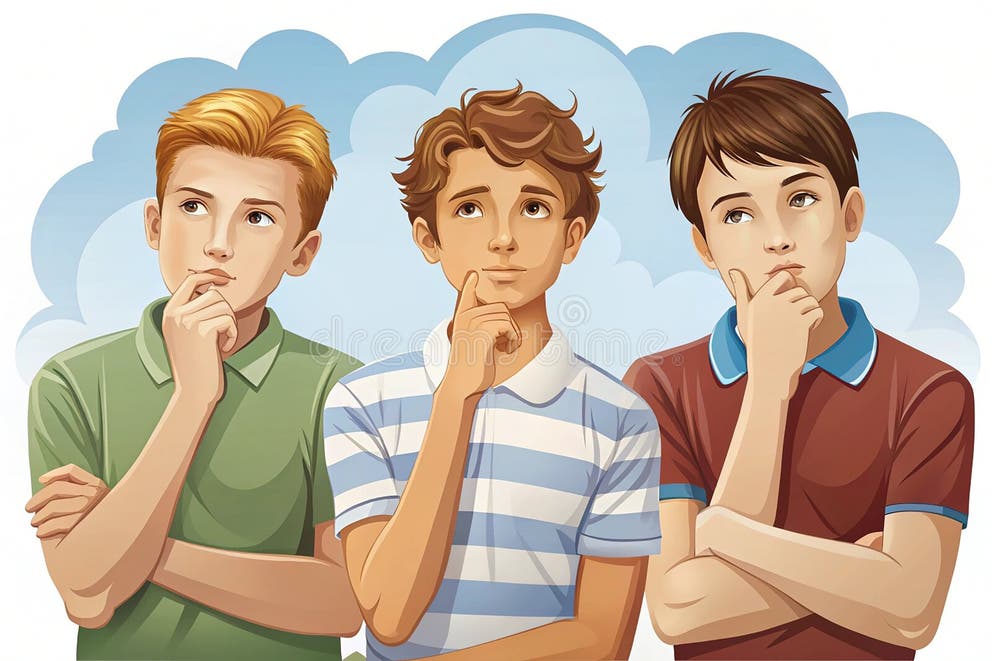 Teenage Boys Thinking about Problem Set Vector Stock Illustration ...