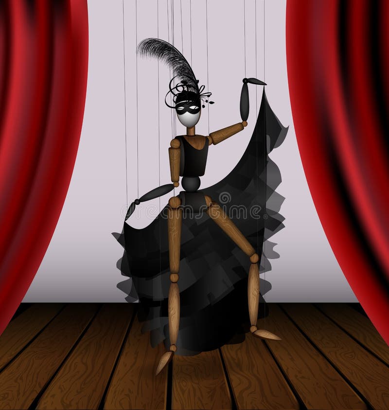 Vector Illustration Theatre Stage and Wooden Puppet in Black Stock ...