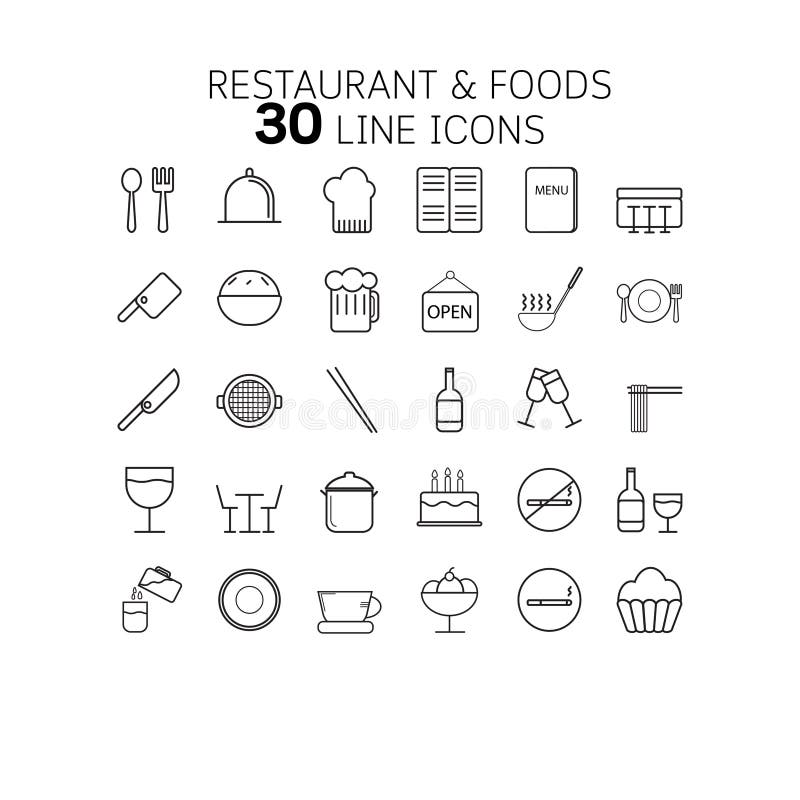 Vector Illustration of Thin Line Icons for Restaurant and Foods. Stock ...