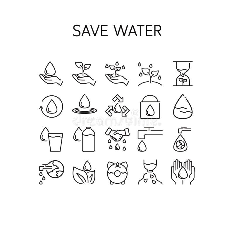 Vector Illustration of Thin Line Icons for Save Water. Stock Vector ...