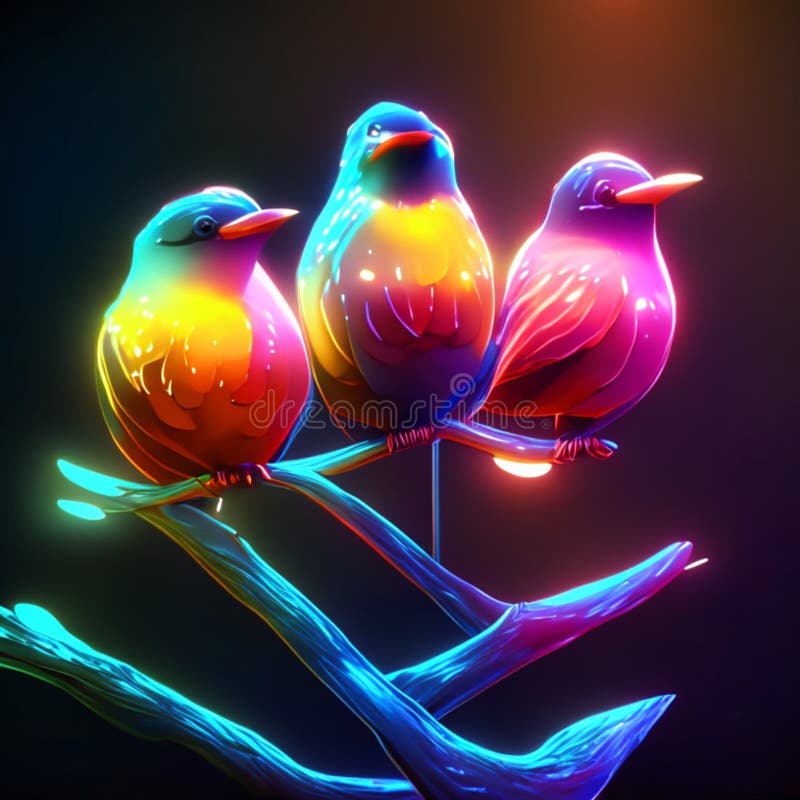 Three Birds on a Tree Branch. Illustration in Neon Colors Stock ...