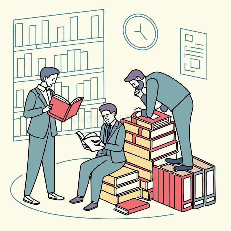 Vector Illustration of Three Business People Reading and Studying in a ...