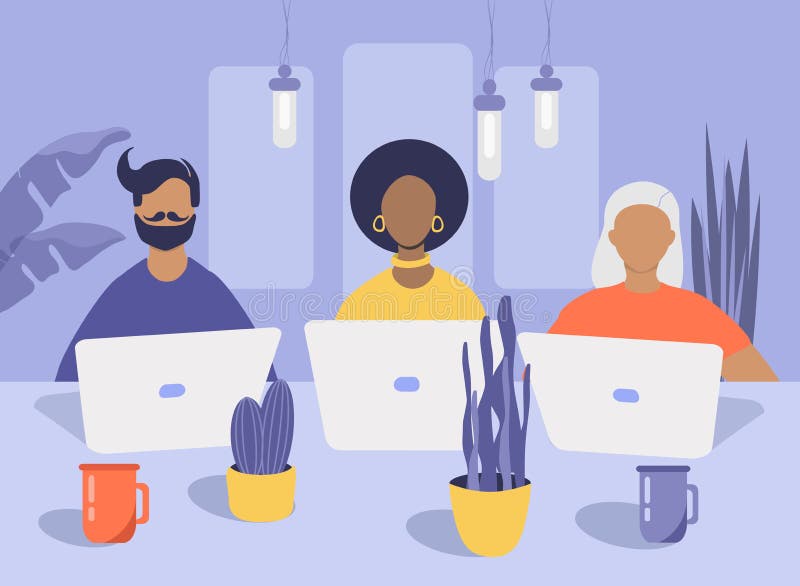 Vector Illustration - Three Characters of Different Races Work in the ...