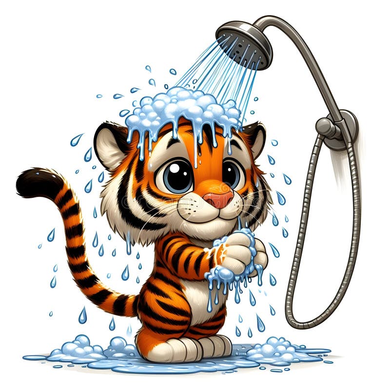 Vector Illustration of a Tiger with a Shower and Water Drops on a White ...