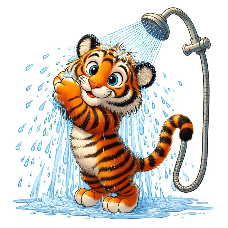 Vector Illustration of a Tiger with a Shower and Water Drops on a White ...