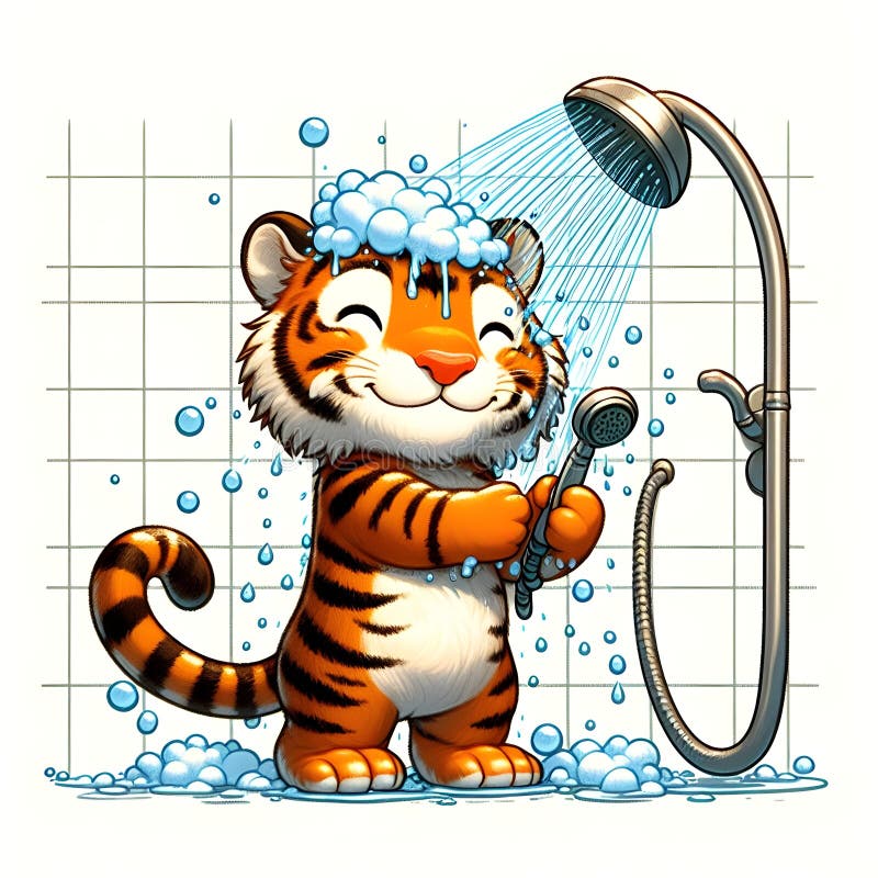 Vector Illustration of a Tiger with a Shower and Water Drops on a White ...