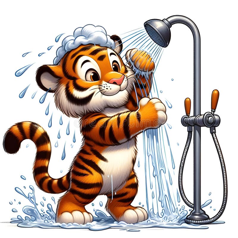 Vector Illustration of a Tiger with a Shower and Water Drops on a White ...