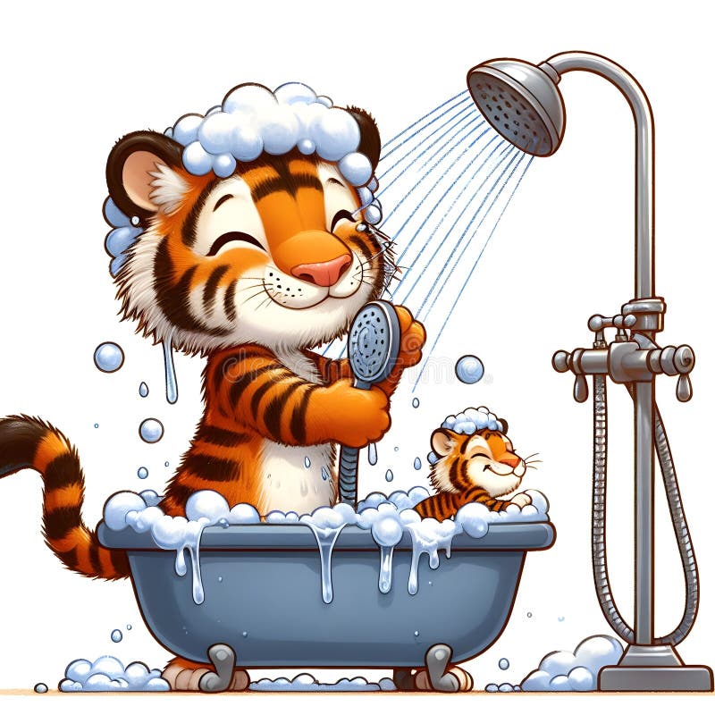 Vector Illustration of a Tiger with a Shower and Water Drops on a White ...