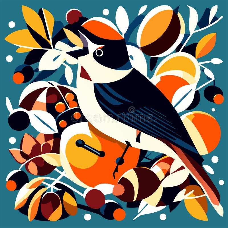 Vector Illustration of a Titmouse on a Background of Autumn Leaves and ...