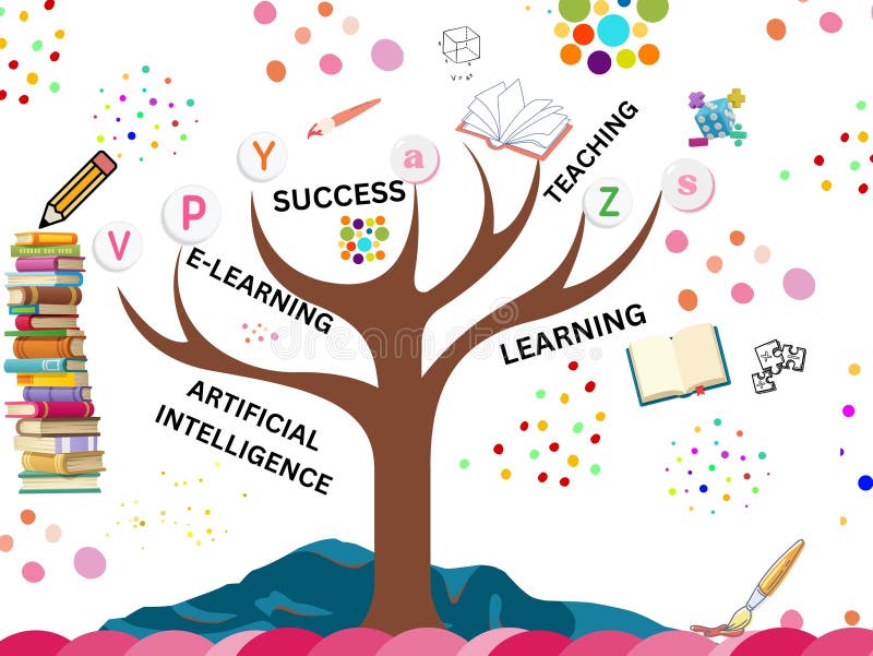 Illustration of a Tree with Books and Icons. Education Concept Stock ...