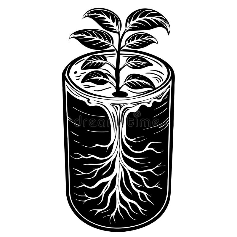 Vector Illustration of Tree Trunk with Sprouting Plant and Roots Stock ...