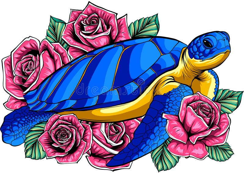 Vector Illustration of Turtle with Roses on White Background Stock ...