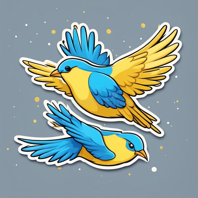 Vector Illustration of Two Blue Yellow Birds Flying in the Sky. Sticker ...