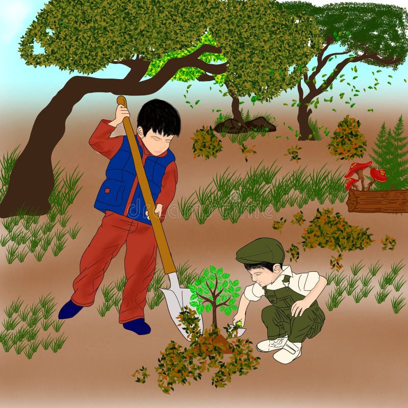 Vector Illustration of Two Boys Planting a Tree in the Middle of a ...