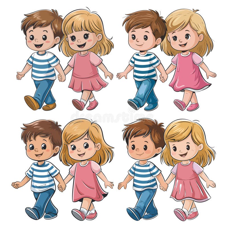 Vector Illustration of Two Children Walking Hand in Hand. Stock ...