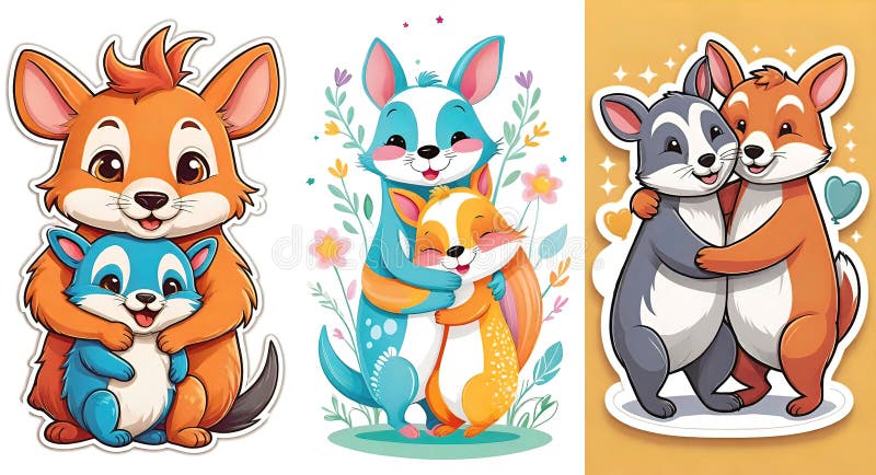 Vector Illustration, Two Funny Hugging Animals Surrounded by Hearts and ...