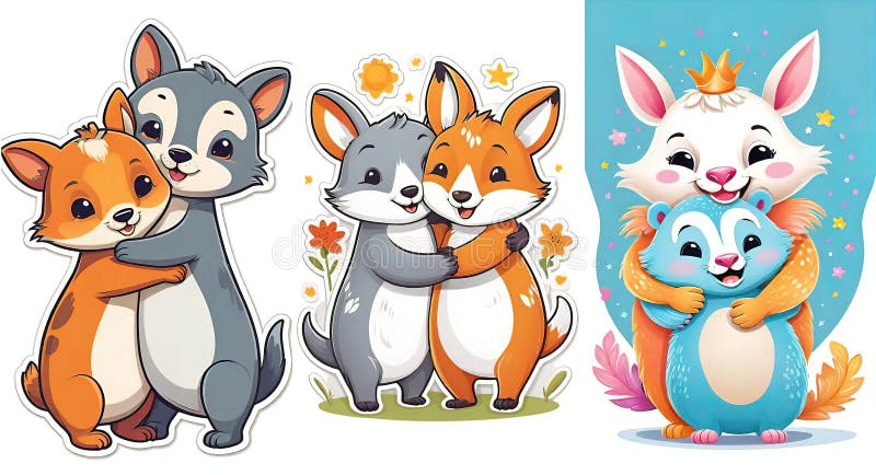 Vector Illustration, Two Funny Hugging Animals Surrounded by Hearts and ...