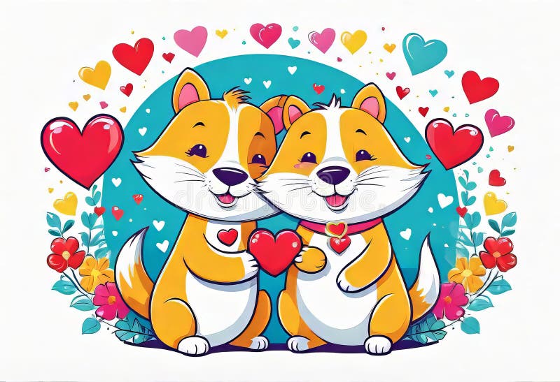 Vector Illustration, Two Funny Hugging Animals Surrounded by Hearts and ...