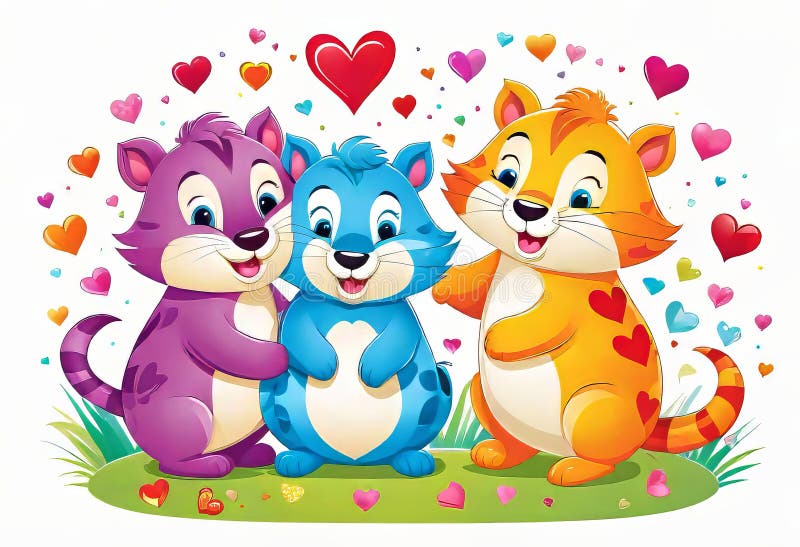 Vector Illustration, Two Funny Hugging Animals Surrounded by Hearts and ...