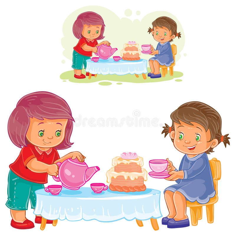 Cute Little Kids Drinking Tea Stock Vector - Illustration of time ...
