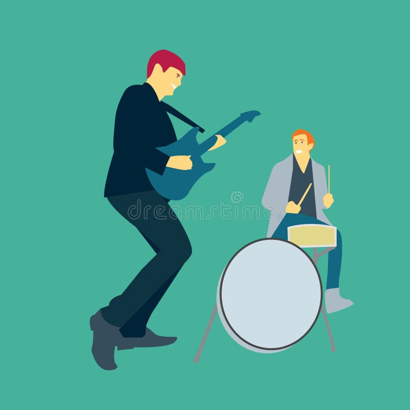 Vector Illustration of Two Men Playing Music with Guitars and Drums ...