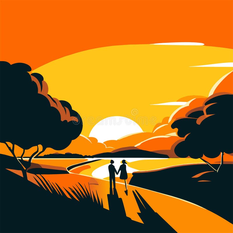 Vector Illustration of Two Men Walking on the Road To the Sunset. AI ...