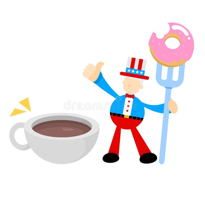 Uncle Sam America and Sweet Doughnut Drink Coffee Cup Cartoon Doodle ...