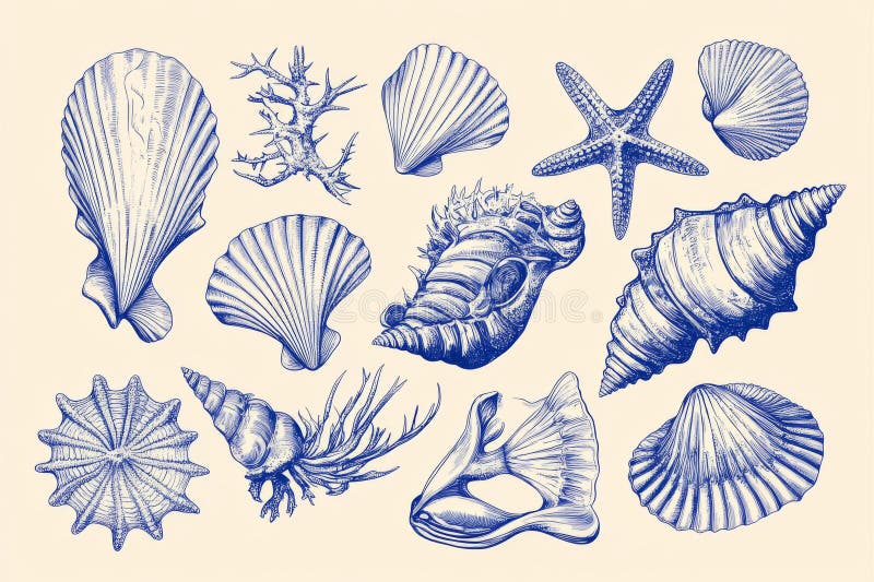 An Vector Illustration of Various Seashells and Starfish Drawing in ...
