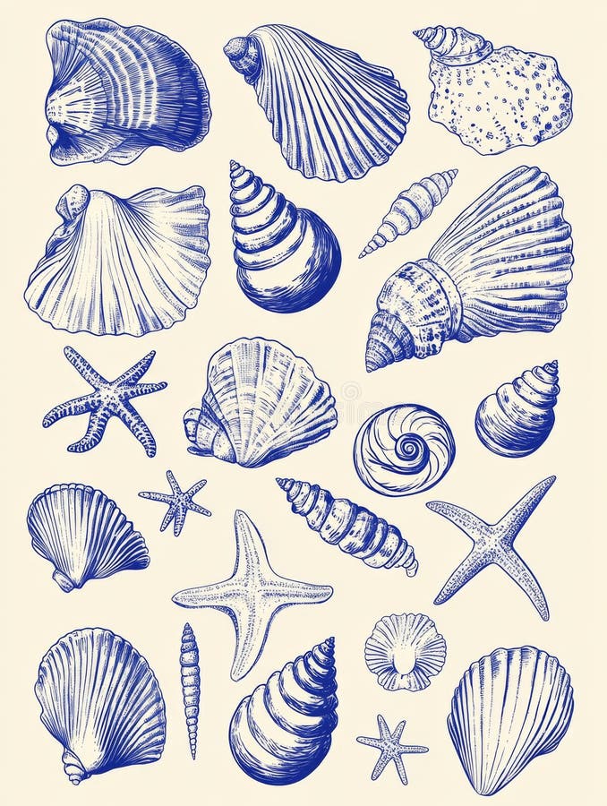 An Vector Illustration of Various Seashells and Starfish Drawing in ...