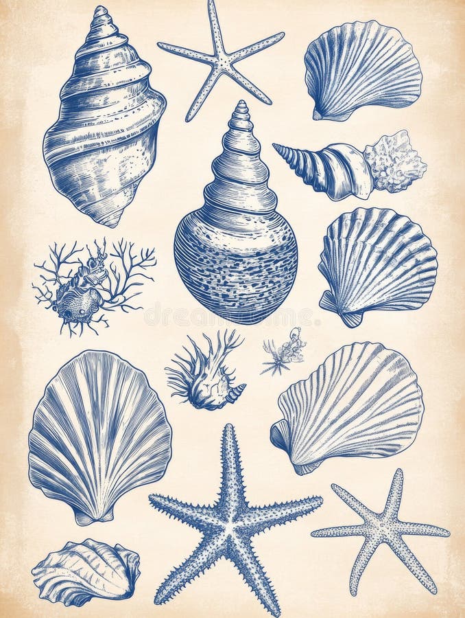 An Vector Illustration of Various Seashells and Starfish Drawing in ...