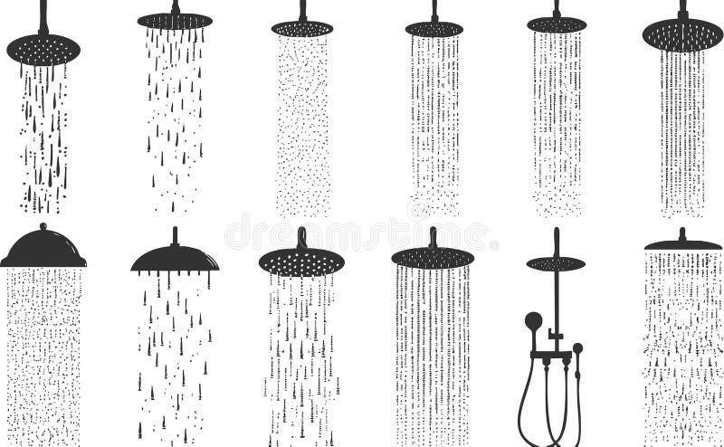 Vector Illustration of Various Shower Heads and Spray Patterns in Black ...