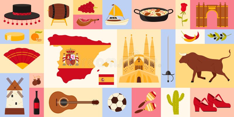 Cultural Symbols of Spain Concept Stock Illustration - Illustration of ...