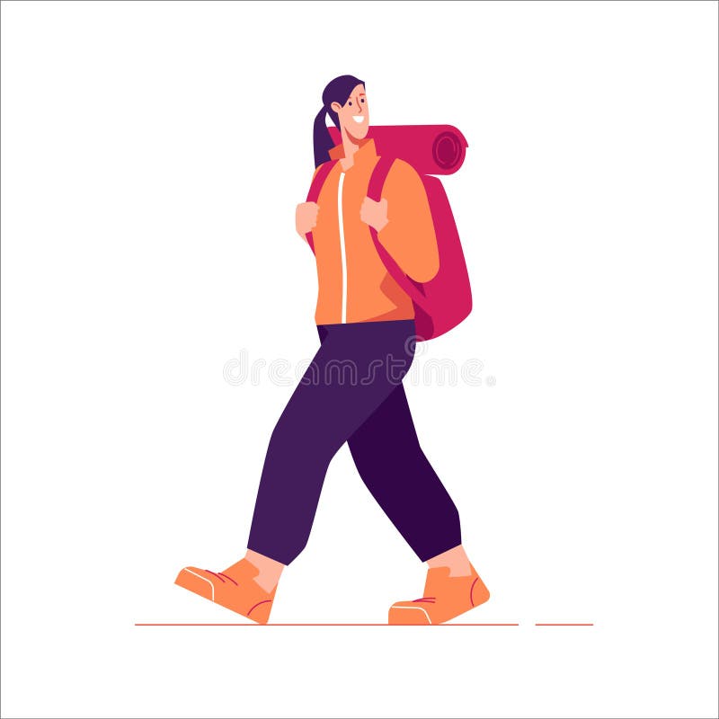Vector Illustration of a Walking Woman Traveler Hiker with Backpack ...