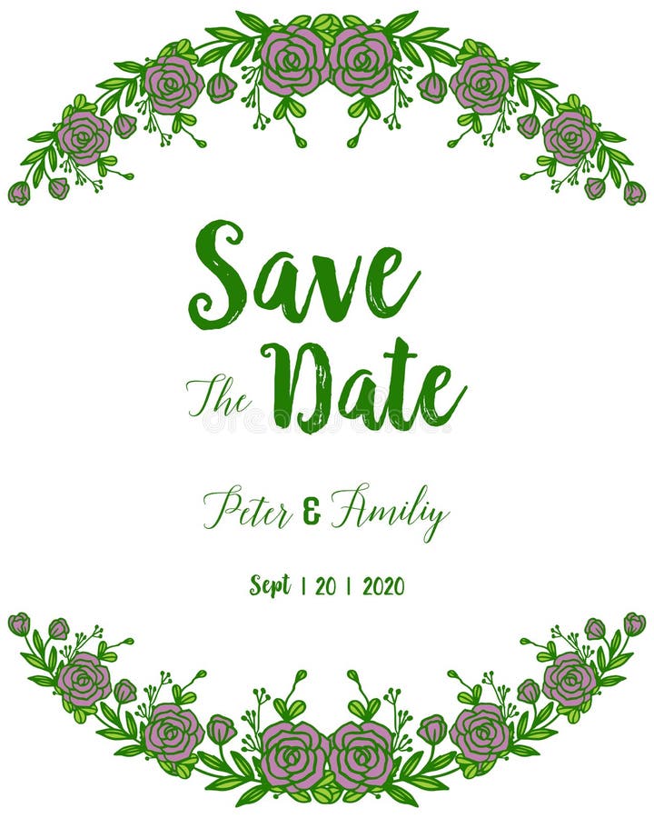 Vector Illustration Wedding Date Card with Texture Purple Rose Wreath ...