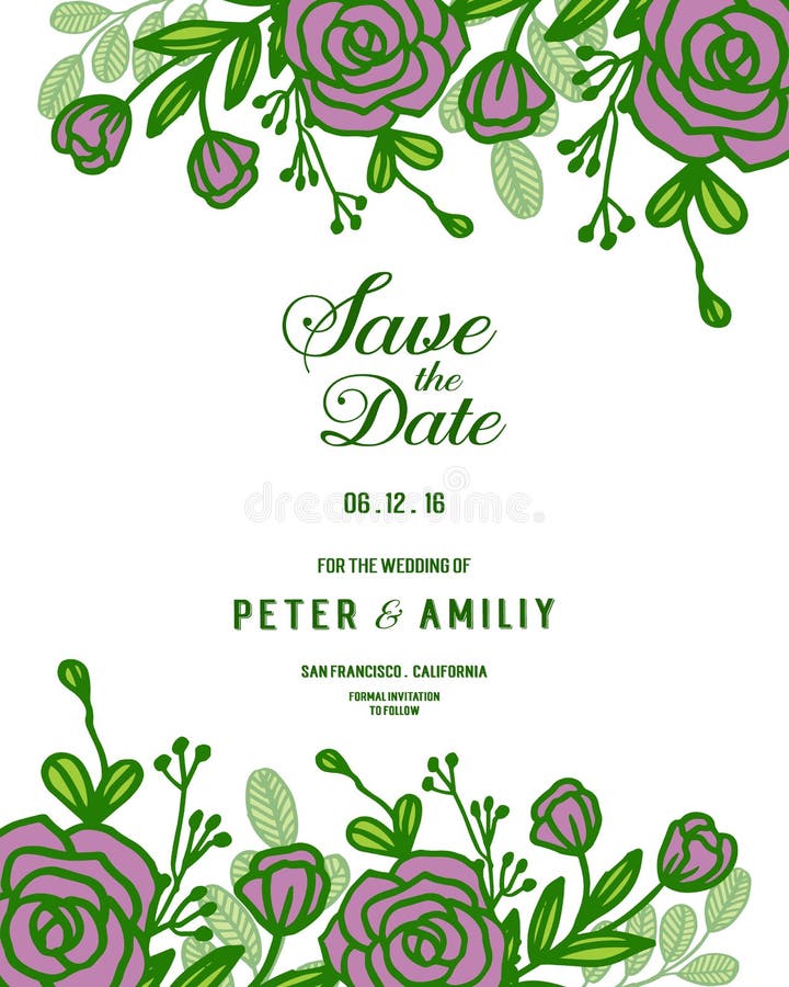 Vector Illustration Wedding Date Card with Texture Purple Rose Wreath ...