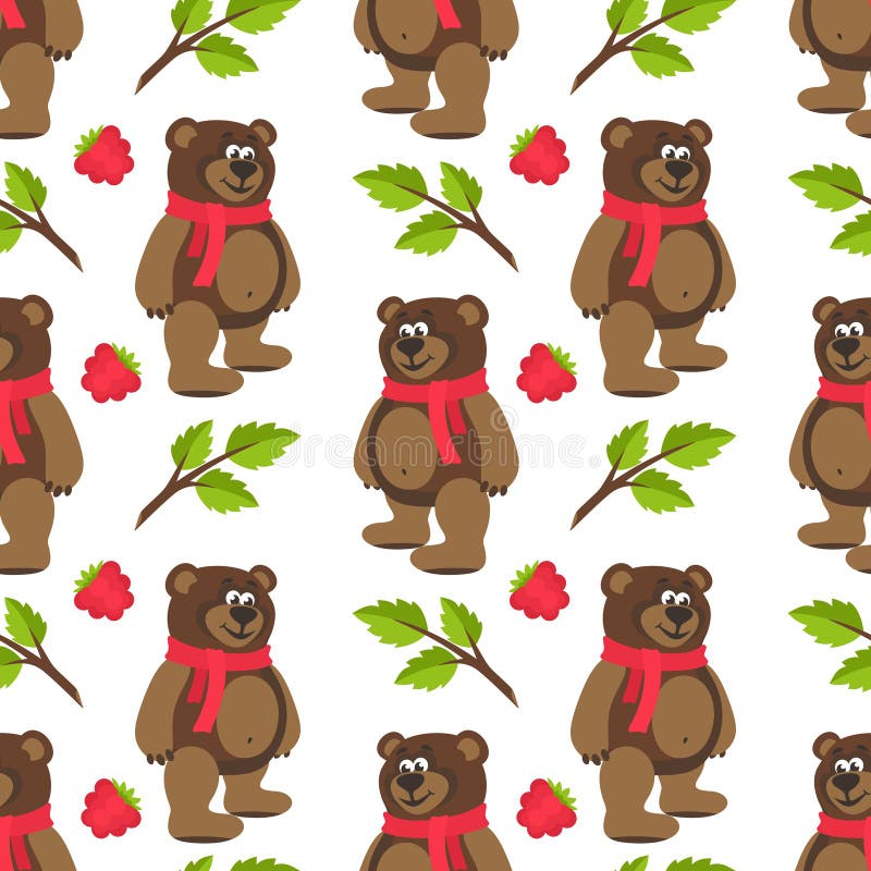 Seamless Pattern with Teddy Bear in a Red Scarf, Raspberry, Branches ...