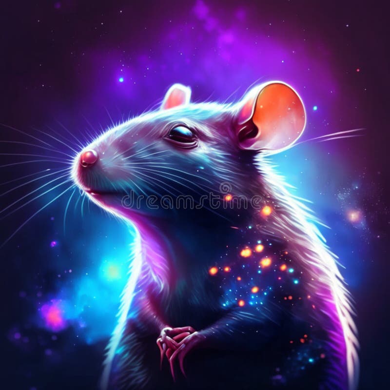 Vector Illustration of a White Rat with Neon Lights on a Dark ...
