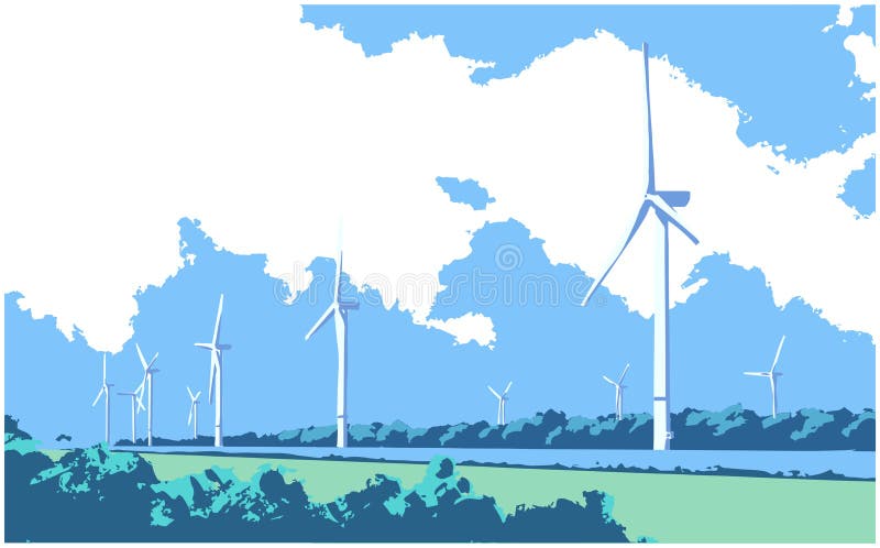 Vector Illustration of Wind Turbines in Perspective Generating Green ...