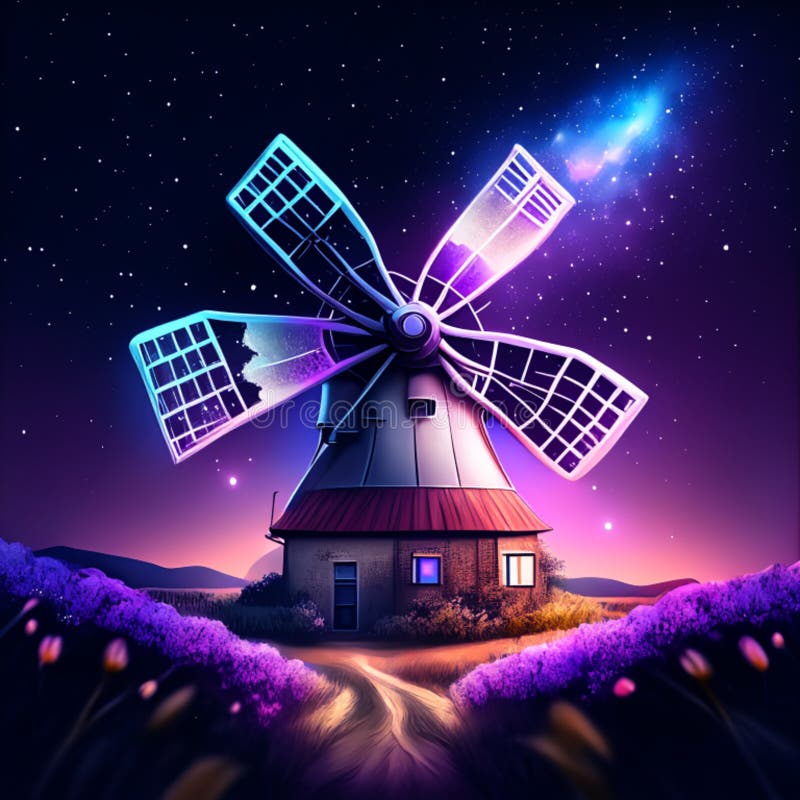 Windmill in the Field at Night. Vector Illustration of a Cartoon Style ...