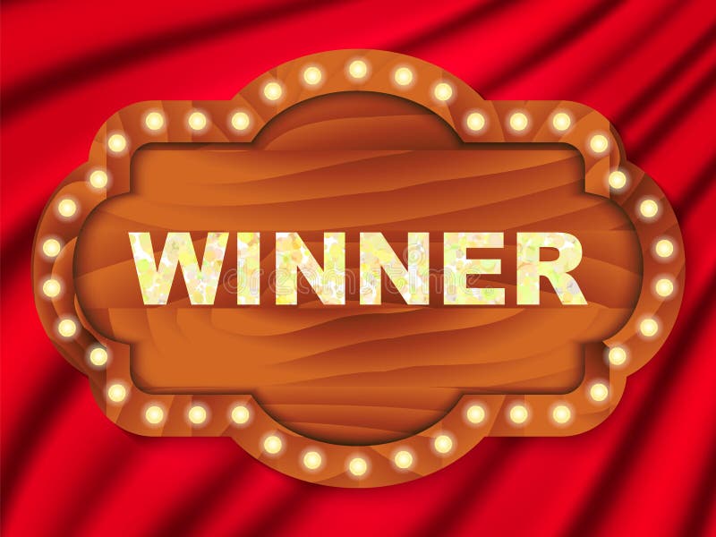 Vector Illustration. Winner Golden Text. Wooden Frame with Light Bulbs ...