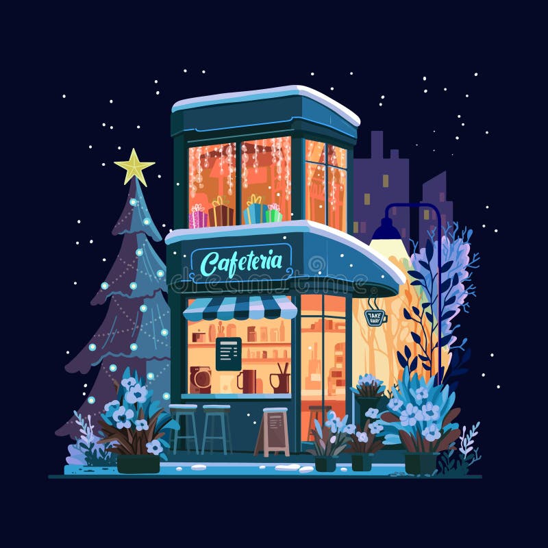 Vector Illustration Winter Cafe, Flat Design, Night Cafe, Two-story ...