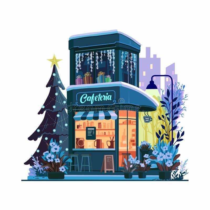 Vector Illustration Winter Cafe, Flat Design, Night Cafe, Two-story ...